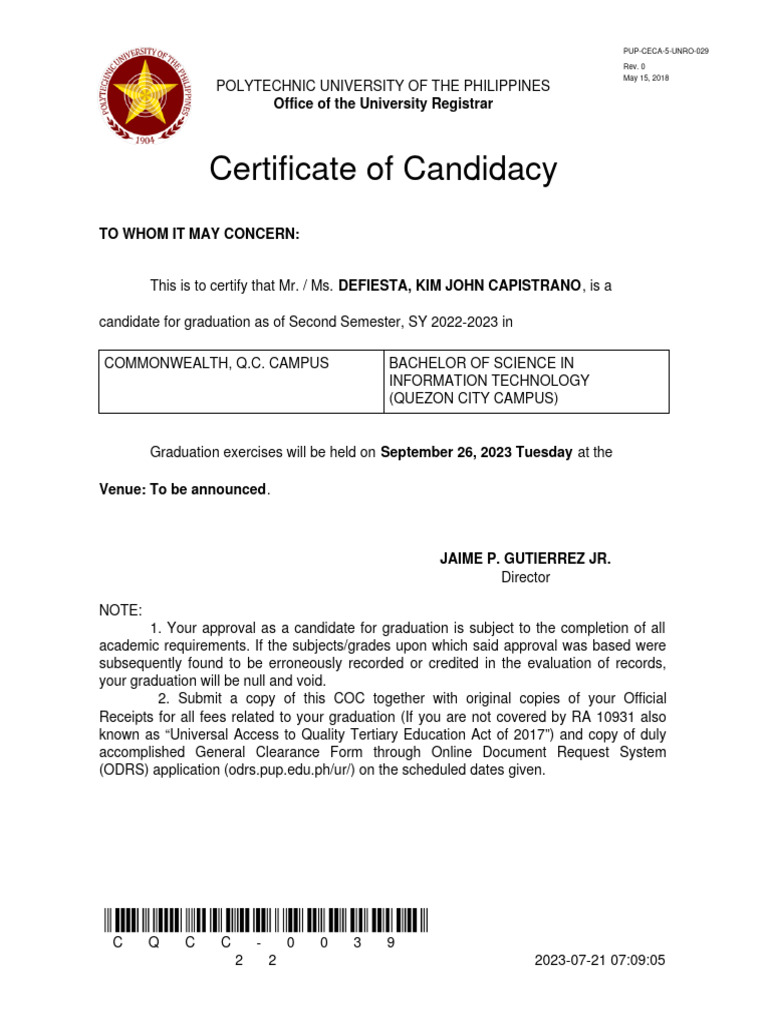 Certificate of Candidacy for Graduation | PDF