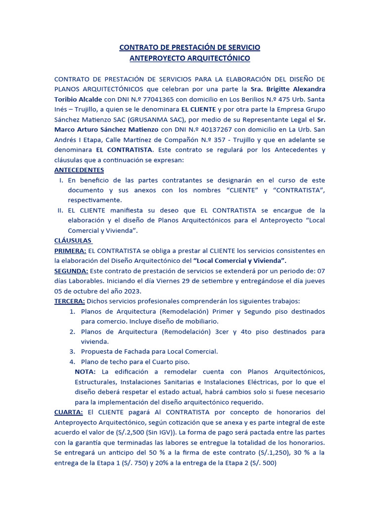 Contrato Anteproyecto - Brigitte Alexandra Toribio Alcalde | PDF