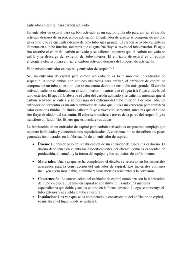 Enfriador en Espiral para Carbón Activado | PDF | Agua | Intercambiador ... Enfriador en Espiral para Carbón Activado | PDF | Agua | Intercambiador ...