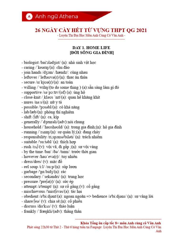 26 NGÀY CÀY HẾT TỪ VỰNG THPT QG 2021 | PDF