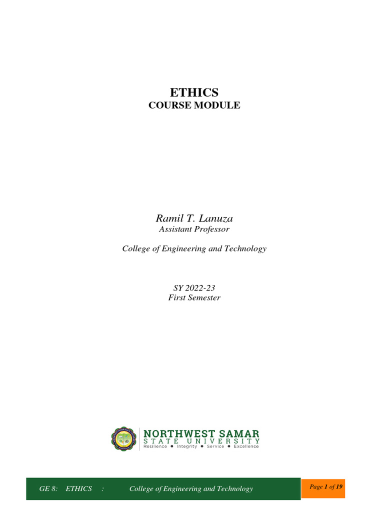 MODULE-ETHICS - First Sem SY 2022-23 | PDF | Free Will | Morality