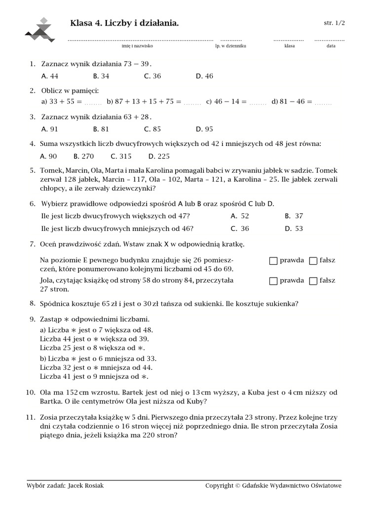Liczby I Działania. Klasa 4. | PDF