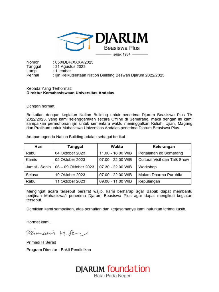 Surat Dispensasi Peserta NB Beswan Djarum 2022-2023 (FIX) | PDF