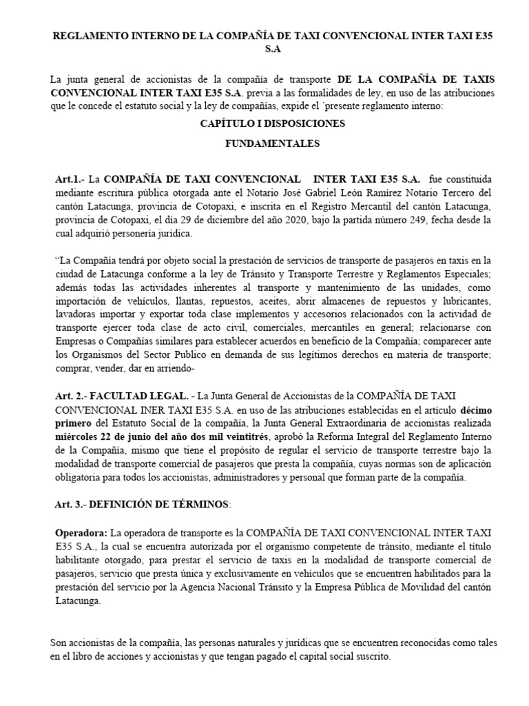 Reglamento Interno de La Compañía de Taxi Convencional Inter Taxi E35 | PDF