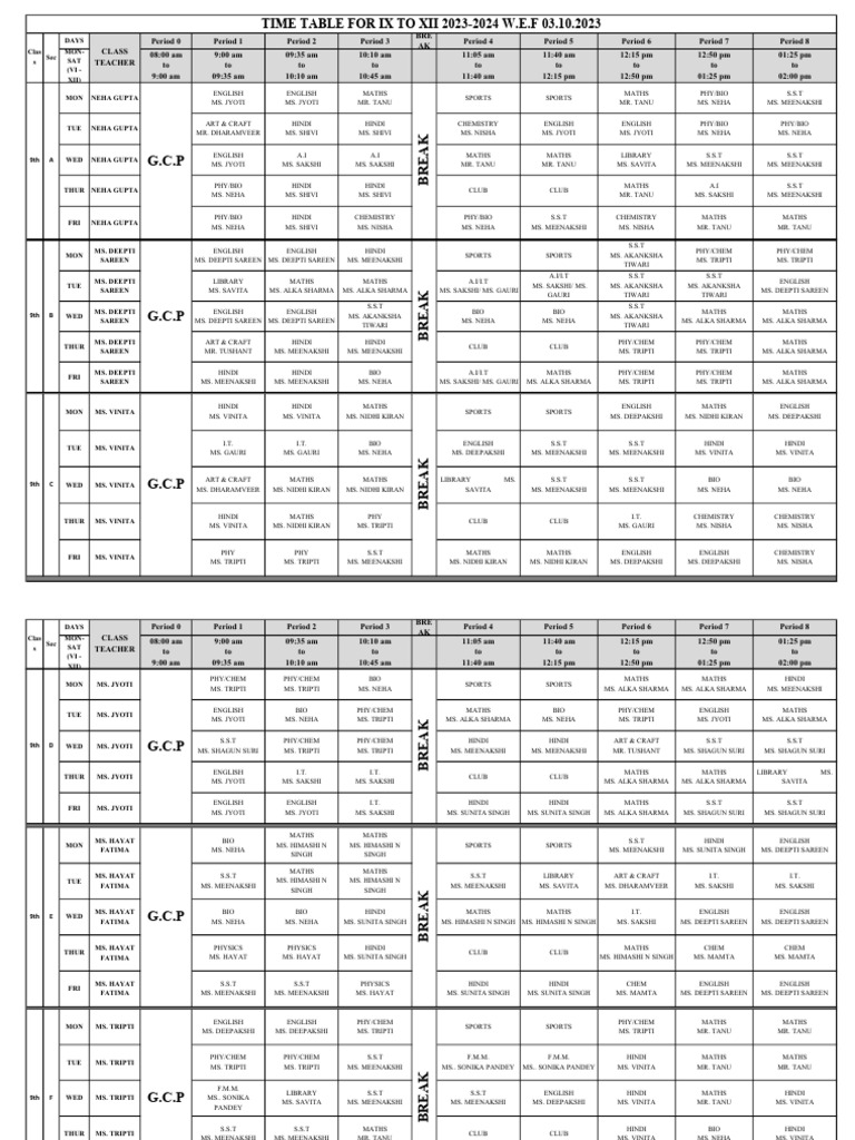 Ix - Xii - Class Time Table W.E.F 03.10.2023 | PDF