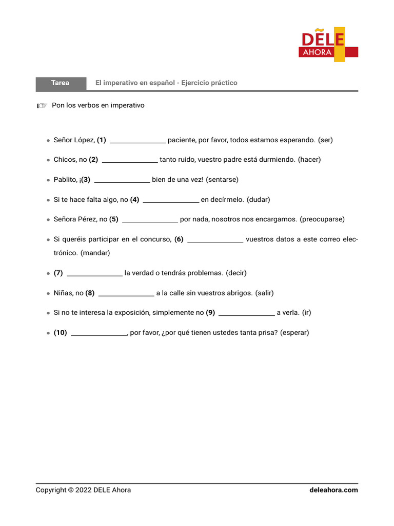 El Imperativo en Espanol Ejercicio Practico | PDF