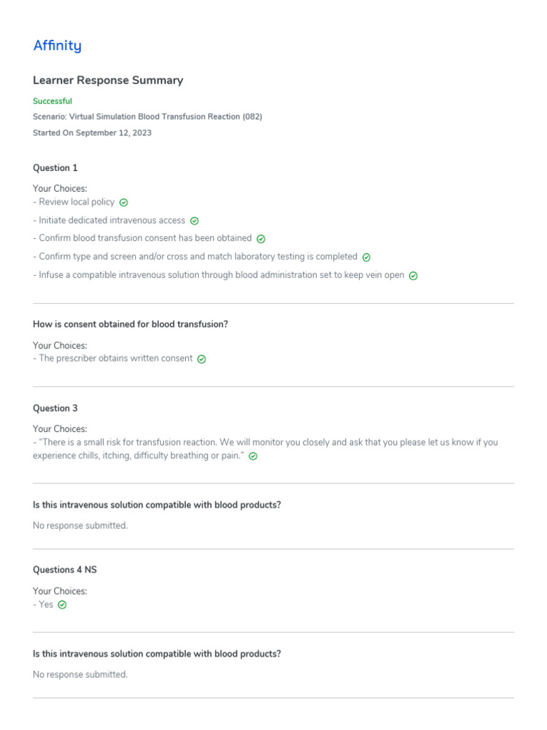 Blood Transfusion Vsim Response Summary | PDF | Intravenous Therapy | Blood Transfusion