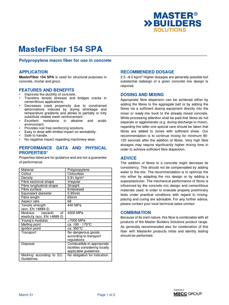 Masterfiber 154 Spa Tds | PDF | Concrete | Fibers