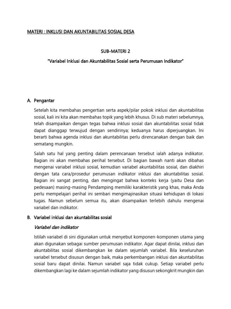 Variabel Inklusi Dan Akuntabilitas Sosial Serta Perumusan Indikator | PDF