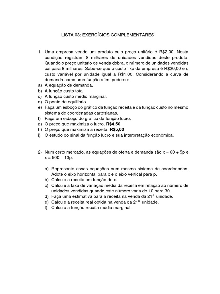 Lista 03 Exercícios Complementares | PDF | Derivado | Oferta e procura