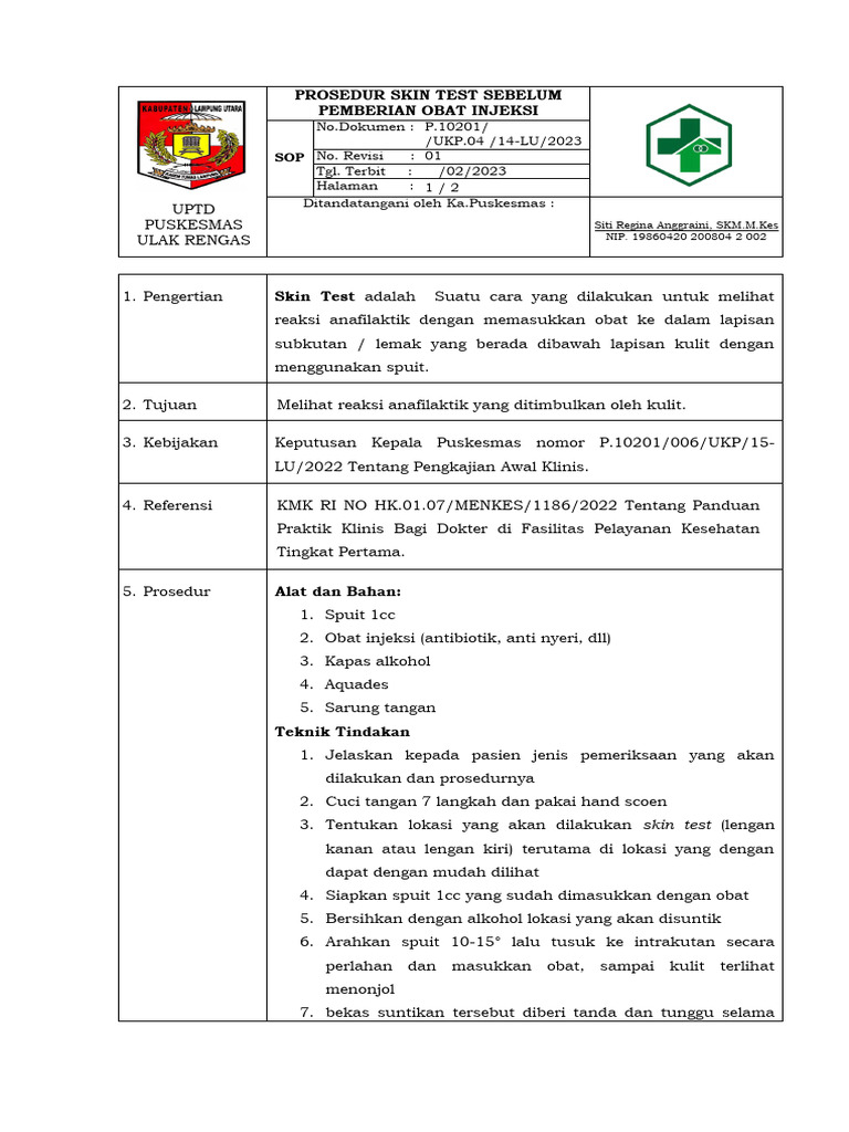 PROSEDUR SKIN TEST SEBELUM PEMBERIAN OBAT INJEKSI SOP 2023 | PDF