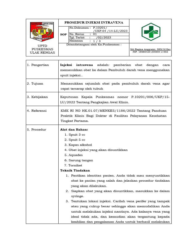 Prosedur Injeksi Intravena Sop 2023 | PDF