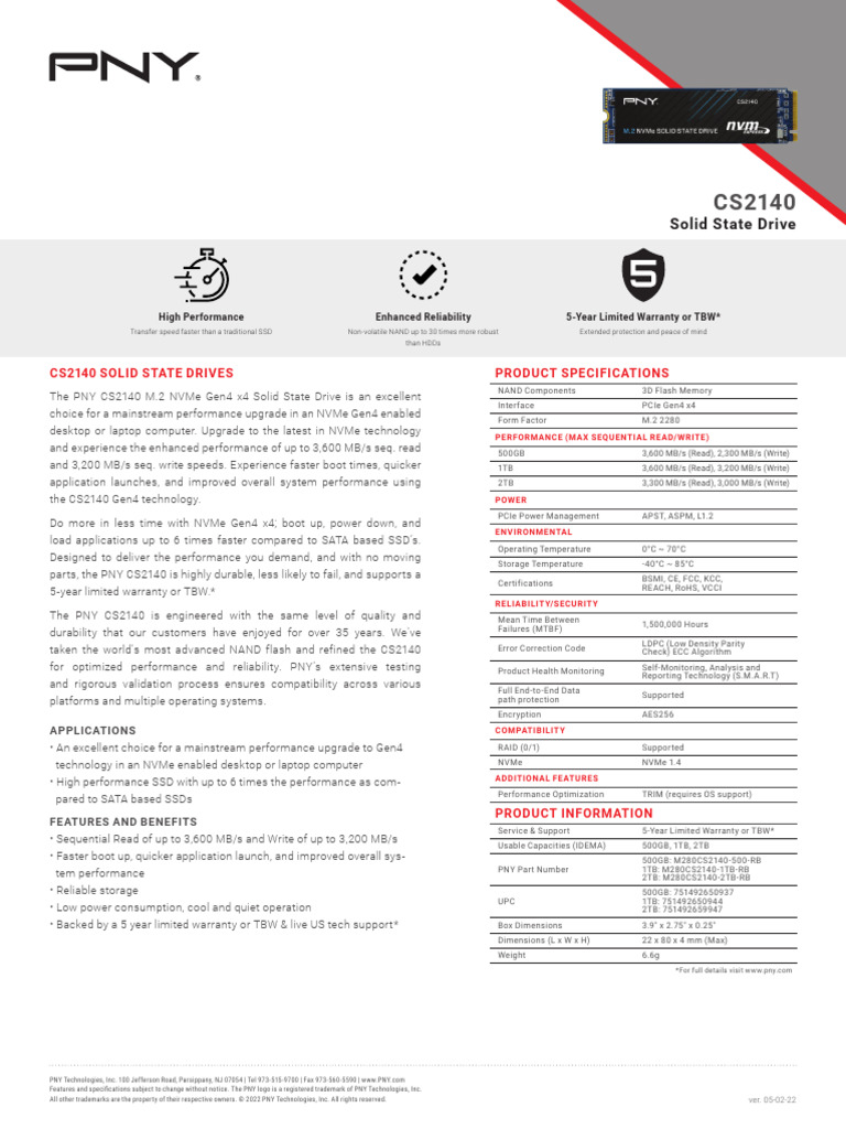 Pny SSD cs2140 Sell Sheet | PDF