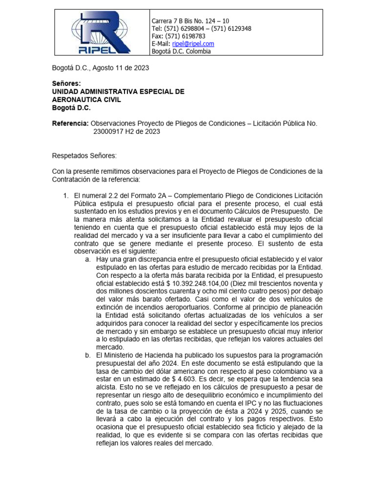 Observaciones Proyecto de Pliegos Ripel | PDF