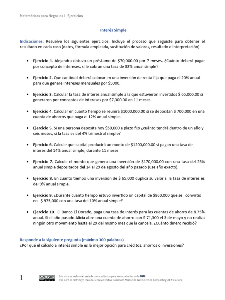 Ejercicios Interes Simple y Descuento de Documentos | PDF | Interés | Tasas de interés