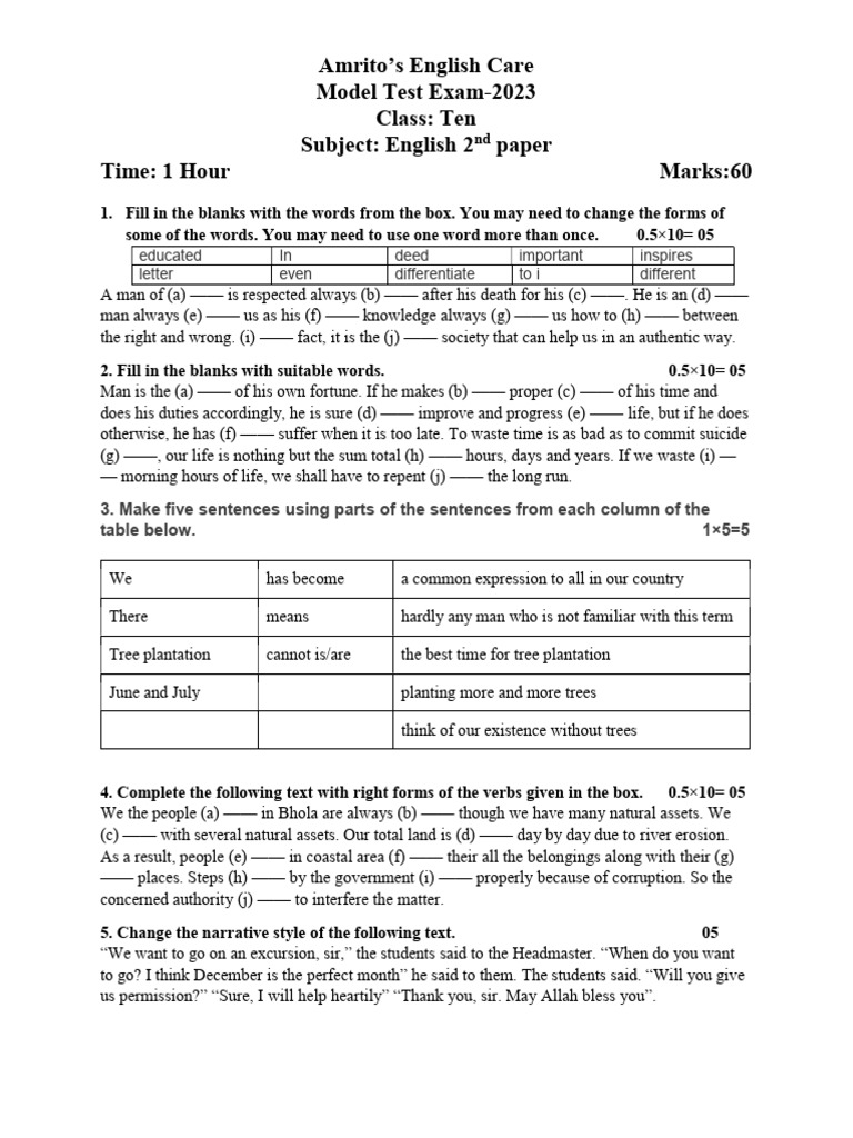 English 2nd Paper Exam | PDF