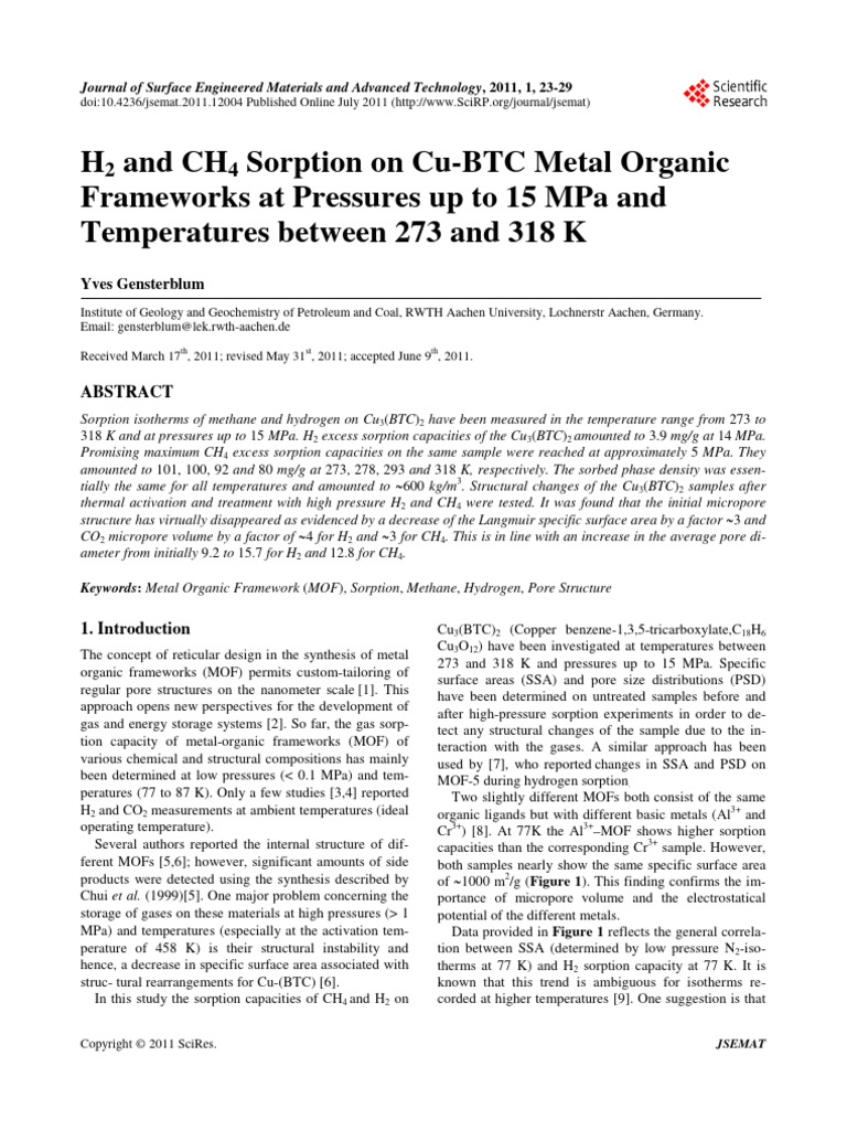 H2 and CH4 Sorption On Cu-BTC Metal Organic Framew PDF | PDF ...
