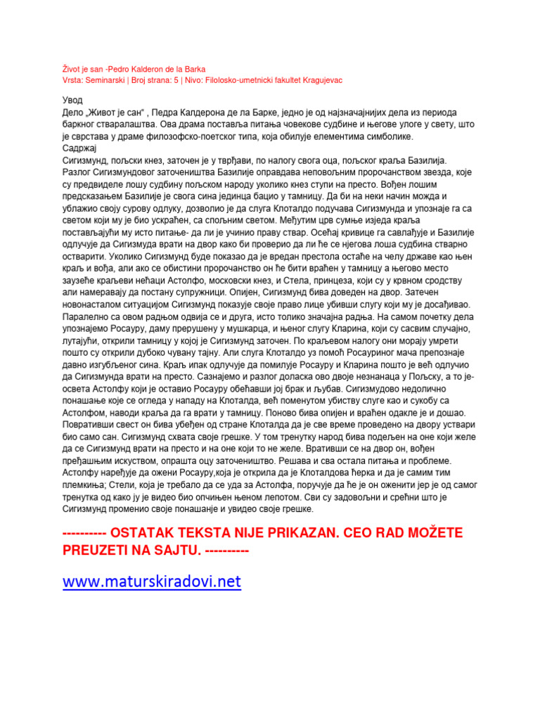 Život Je San - Pedro Kalderon de La Barka | PDF