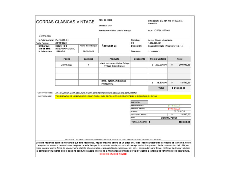 FACTURACION Leyner Steven Vivas | PDF