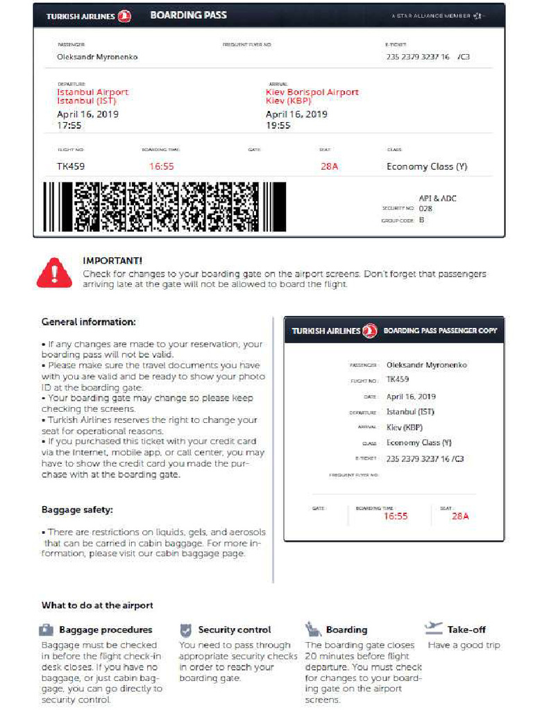 Turkishairlines Boarding Pass Ist KBP | PDF