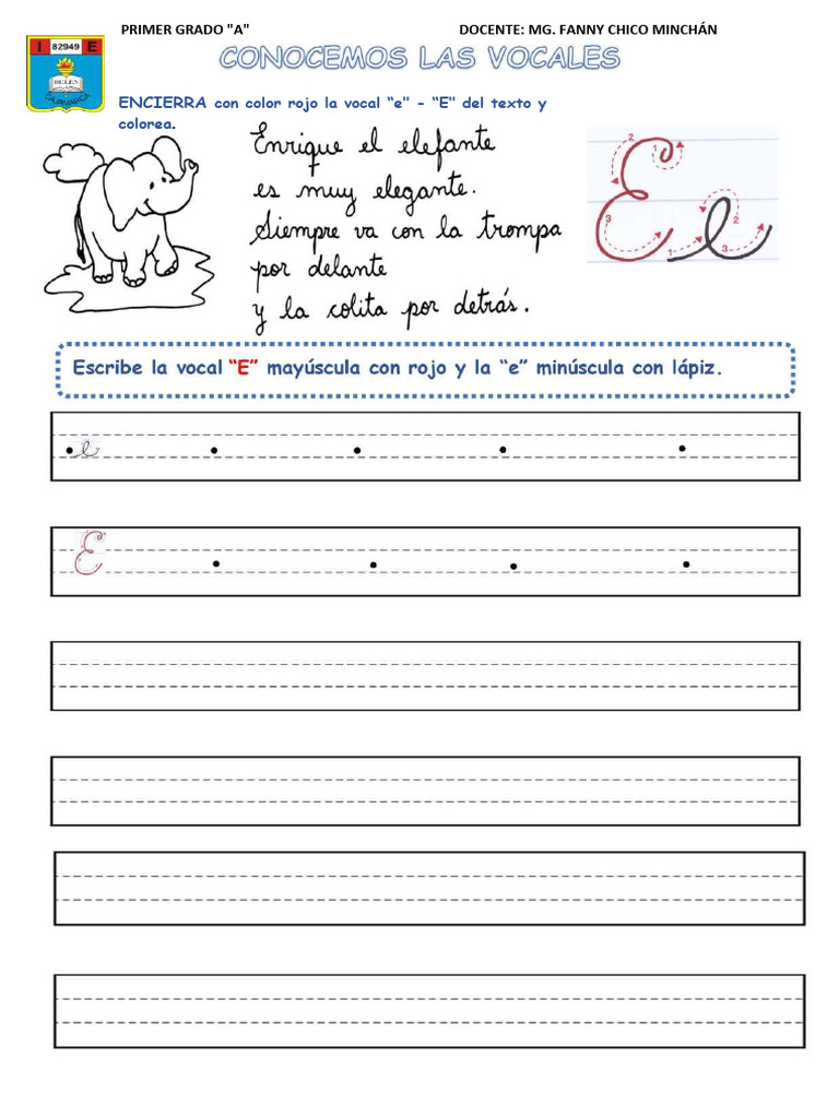 Actividades de Vocal 'E' para Primer Grado | PDF