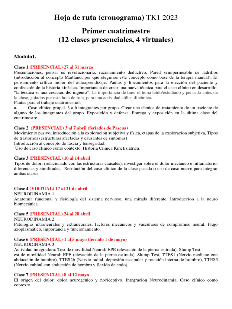 Hoja de Ruta 1° Cuatrimestre TK1 2023 | PDF