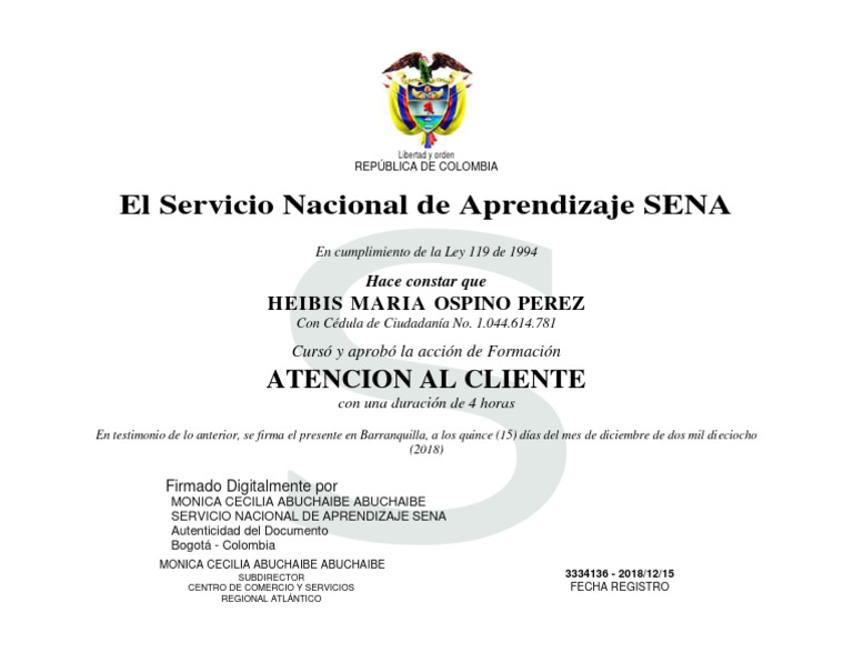 Diploma de Atencion Al Cliente Sena | PDF