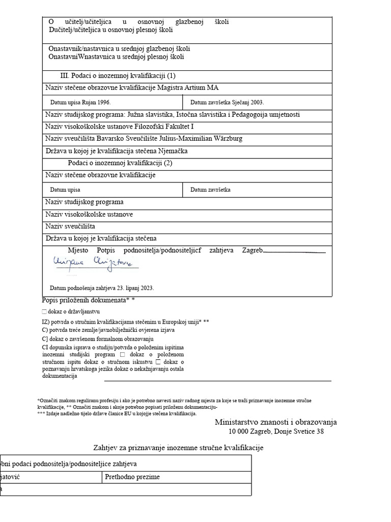 Zahtjev Za Priznavanje Inozemne Stručne Kvalifikacije: Ministarstvo ...