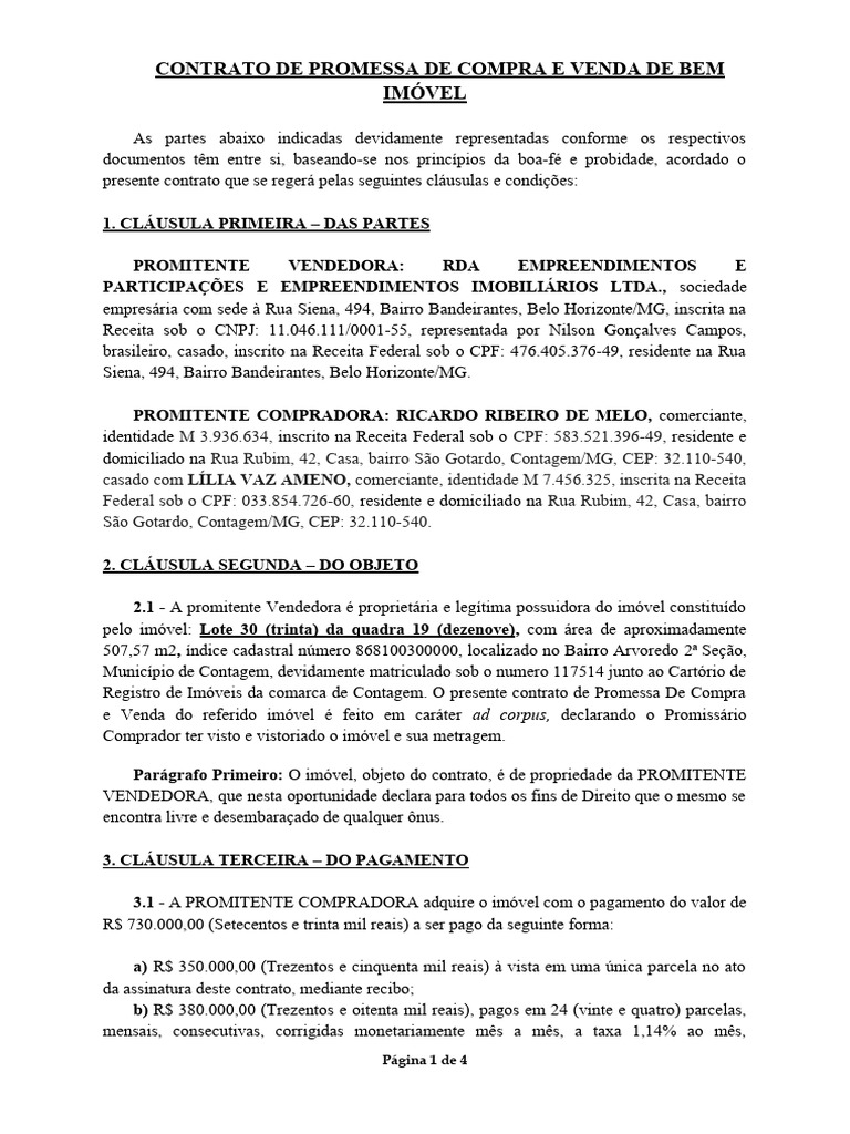 Contrato de Promessa de Compra e Venda - Ricardo | PDF | Direito ...