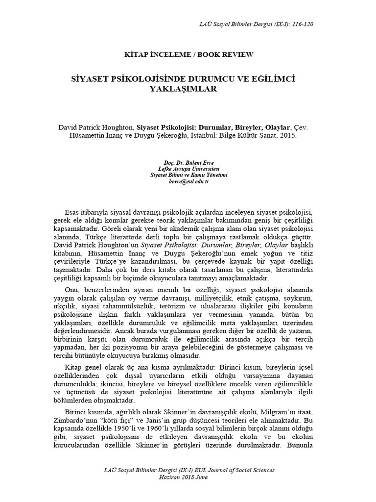 Siyaset Psikolojisinde Durumcu Ve E Ilimci Yakla Mlar (#442135) - 503771 | PDF