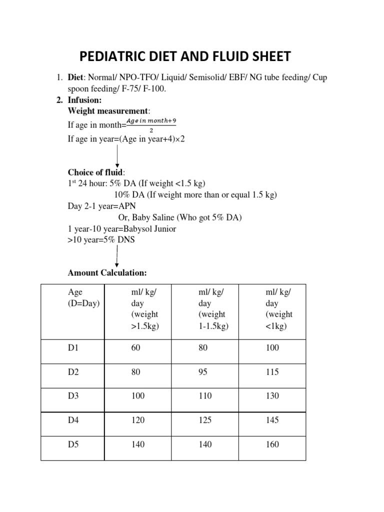 Pediatric Diet and Fluid Sheet | Download Free PDF | Pharmacology ...