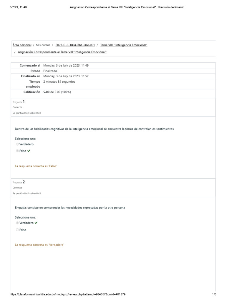 Asignación Correspondiente al Tema VIII__Inteligencia Emocional_._ Revisión del intento | PDF ...