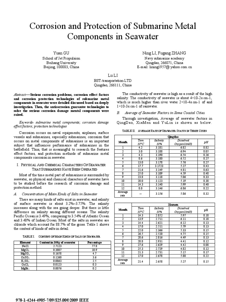 Corrosion and Protection of Submarine Metal Components in Seawater ...