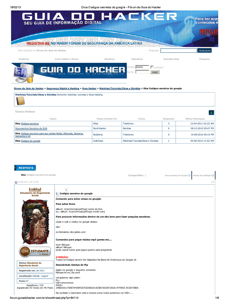 Dica Codigos secretos do google - Fórum do Guia do Hacker | PDF | Crimes cibernéticos | Informática
