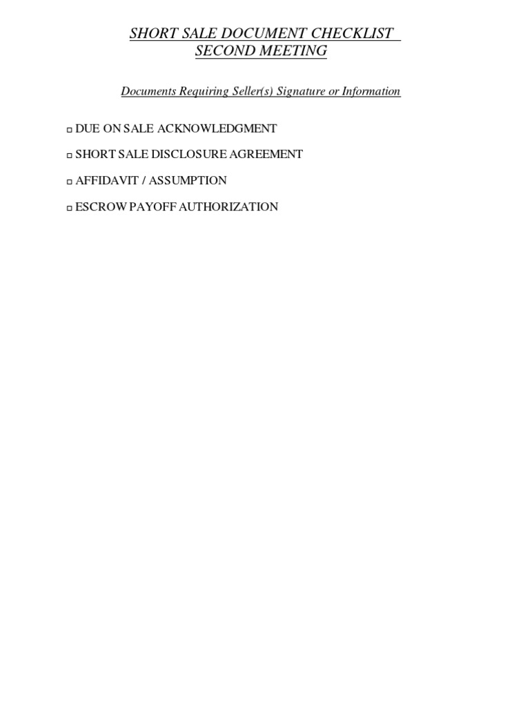 Short Sale Document Checklist Second Meeting | Download Free PDF ...