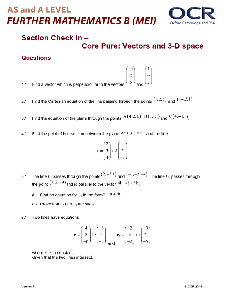 Section Check in Core Pure Vectors and 3 D Space | PDF