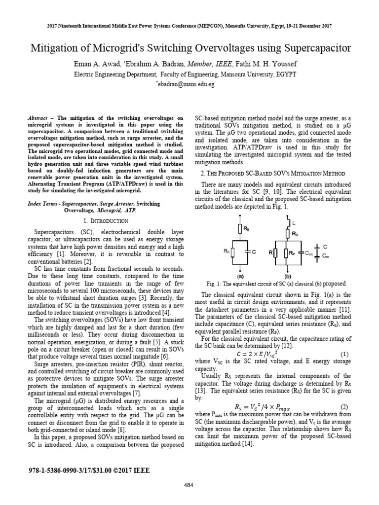 Mitigation of Microgrid's Switching Overvoltages Using Supercapacitor | PDF