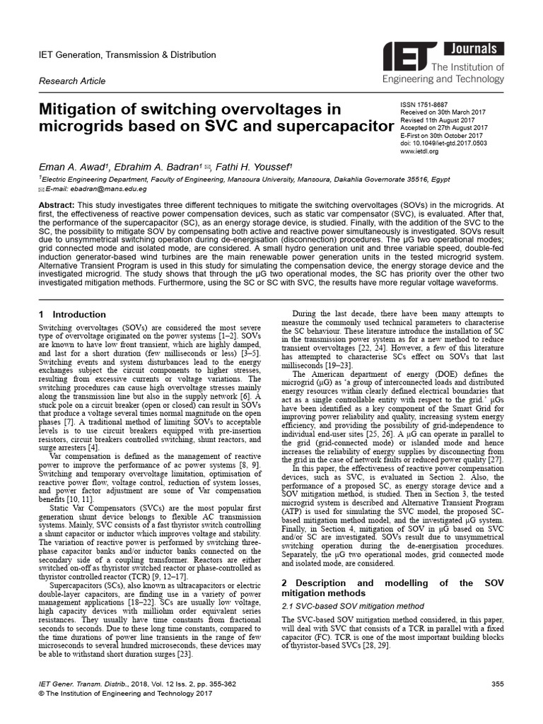 Mitigation Of Switching Overvoltages In Microgrids Based On Svc And