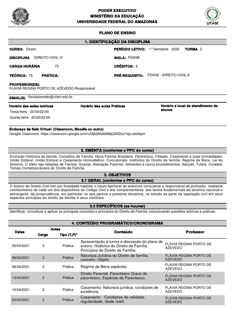 Plano de Ensino Dir Civil 6 - UFAM | PDF