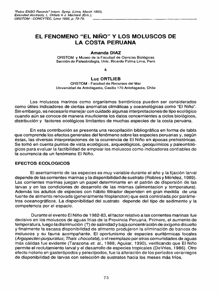 Díaz, A. & L. Ortlieb. 1992. El Fenómeno "El Niño" y Los Moluscos de La Costa | PDF