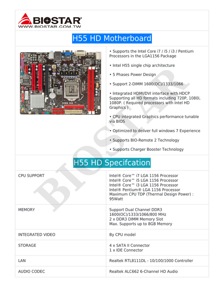 Biostar H55 HD Spec | PDF | Teknologi & Rekayasa