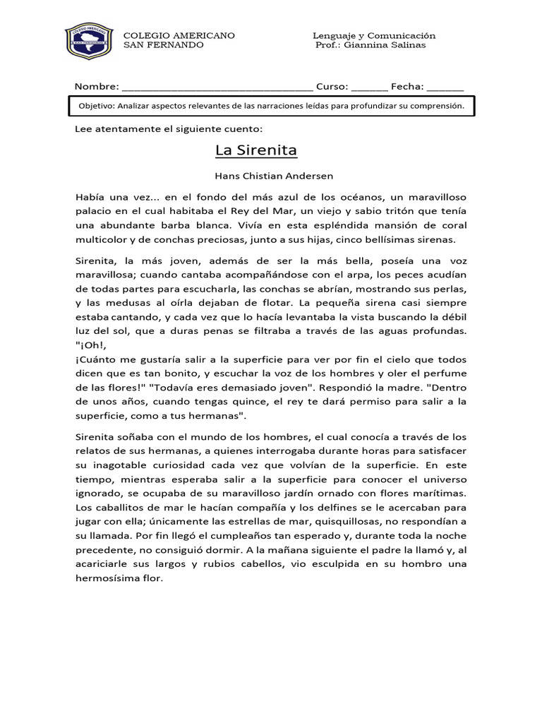 guia del cuento la sirenita | PDF