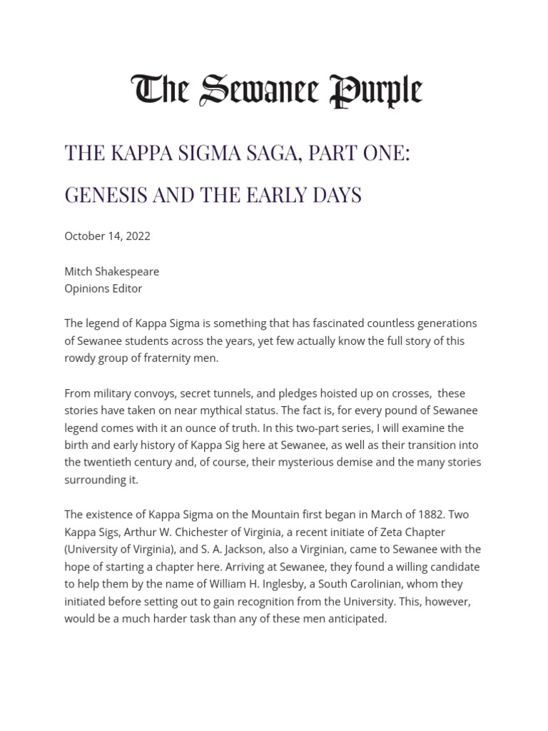 The Kappa Sigma Saga Part One Genesis and The Early Days | PDF