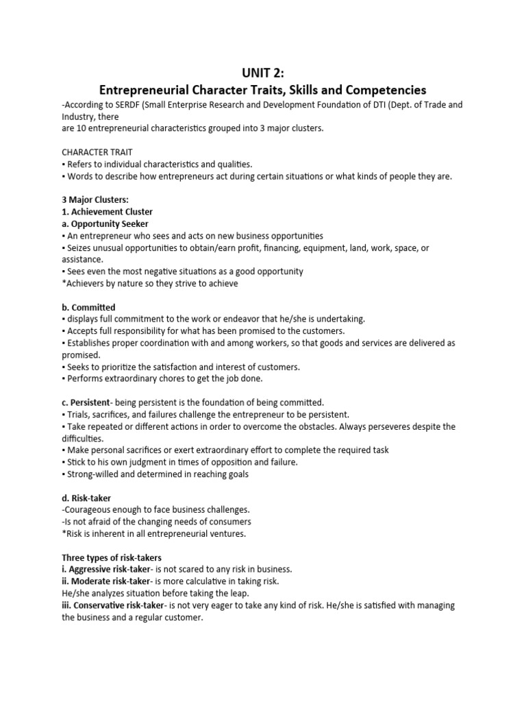 Characteristics of An Entrepreneur Notes | PDF