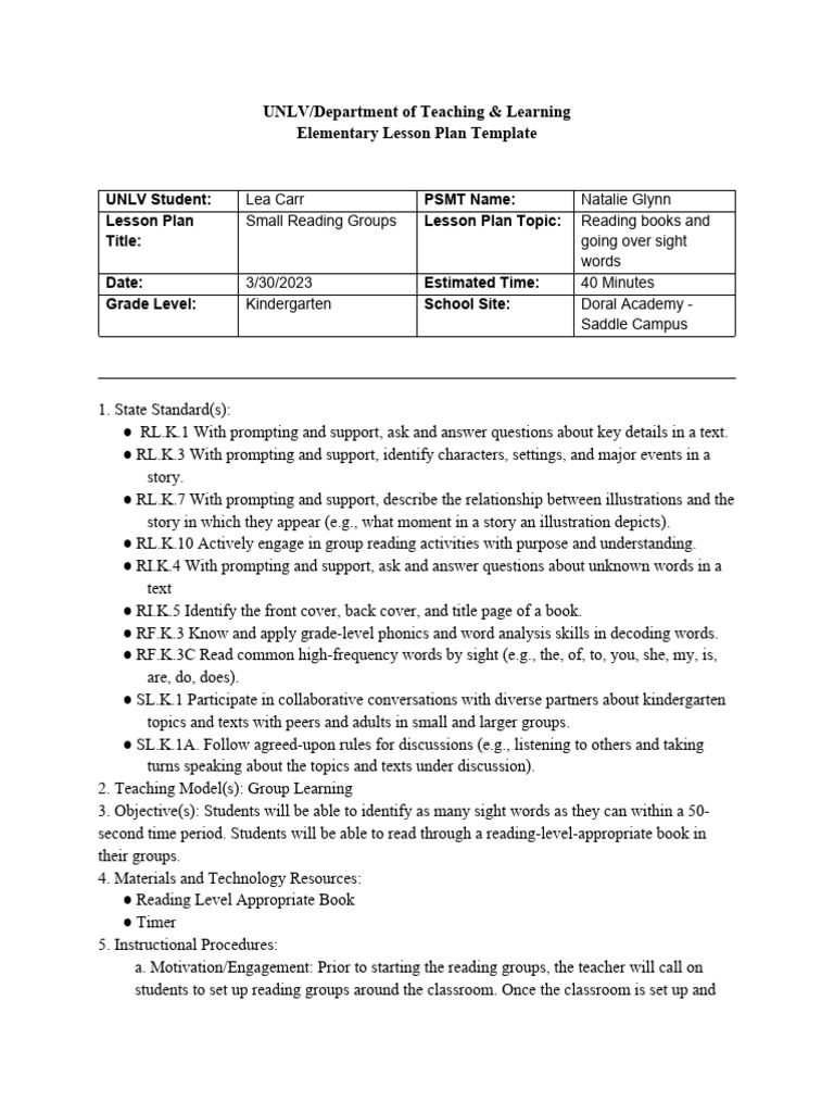 Lesson Plan 3 - Reading Groups - Lea Carr | PDF