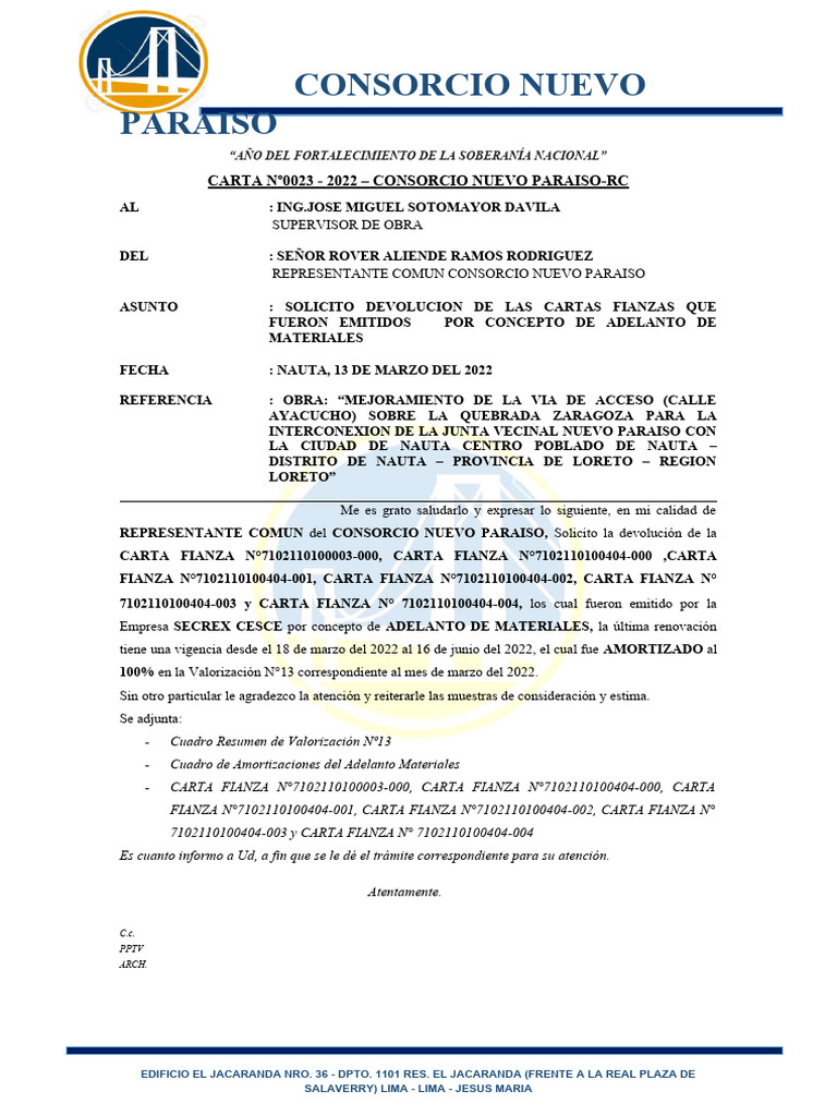 CARTA N°023-2022-SOLICITUD D EDEVOLUCION DE CARTA FIANZA | PDF