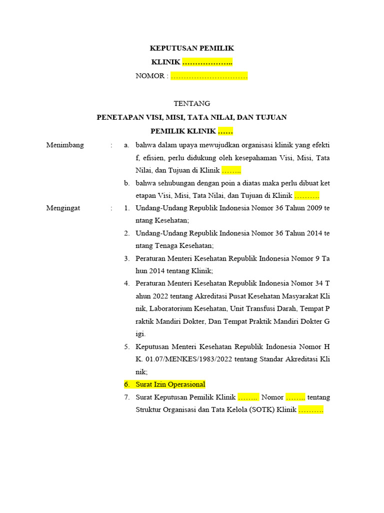 SK Tentang Visi, Misi, Tata Nilai, Dan Tujuan | PDF