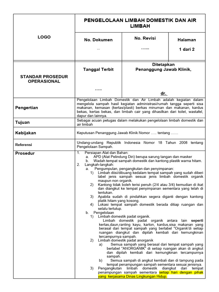 Spo Pengelolaan Limbah Domestik Dan Air Limbah | PDF | Sains & Matematika
