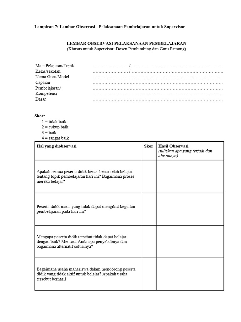 Observasi Pelaksanaan Pembelajaran Untuk Supervisor | PDF | Pengembangan Diri