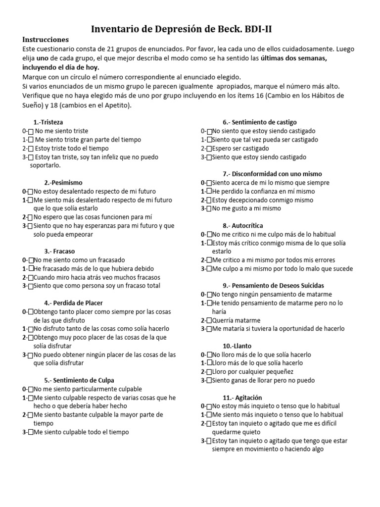 Inventario de Depresión de Beck. BDI-II: Instrucciones | PDF